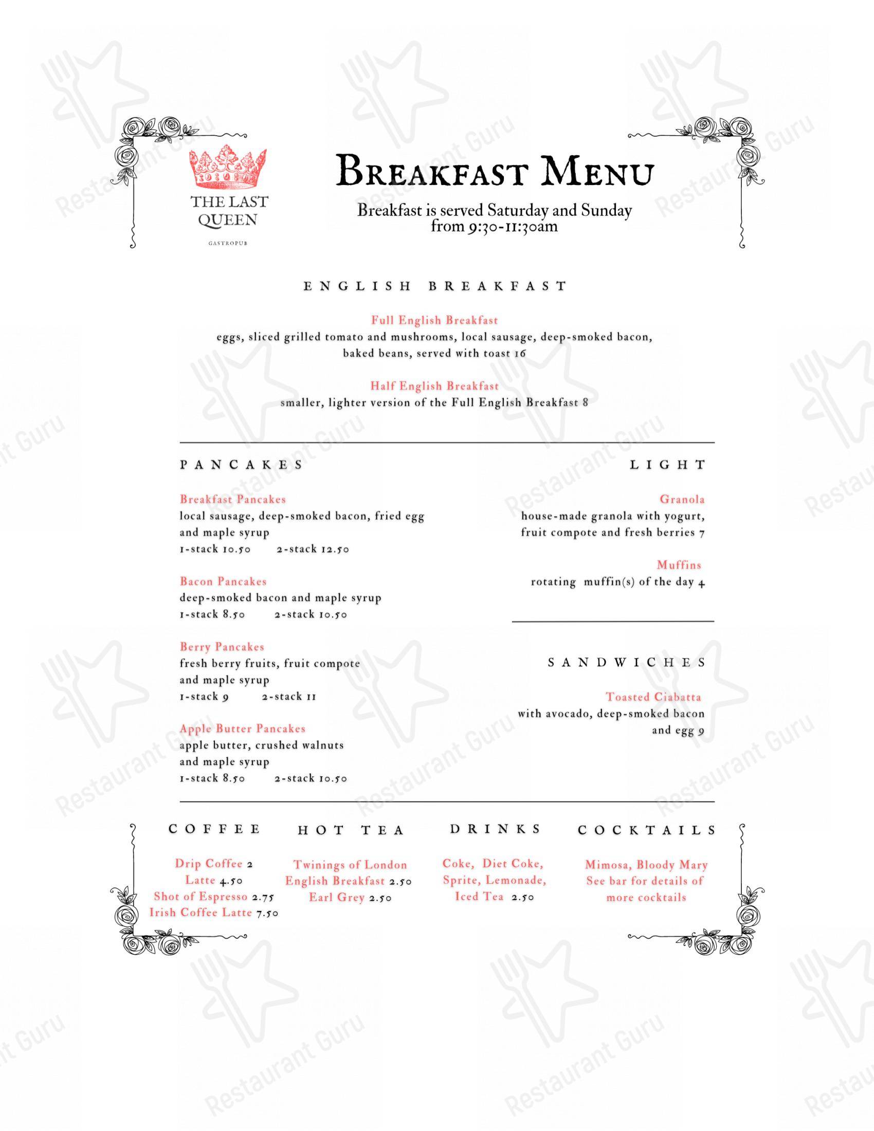 Menu at The Last Queen pub & bar, Enon