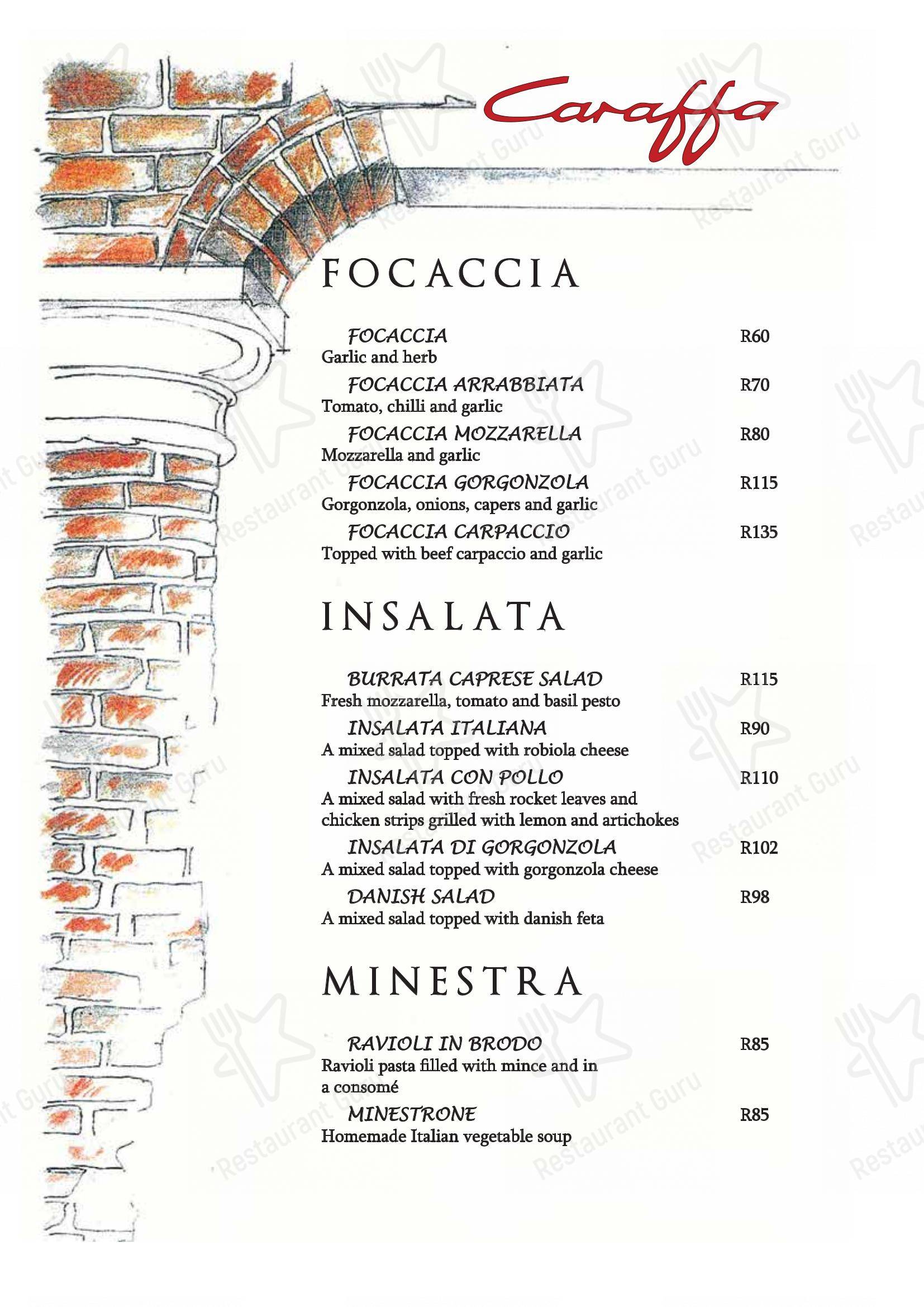 Menu at Caraffa Restaurant, Pretoria