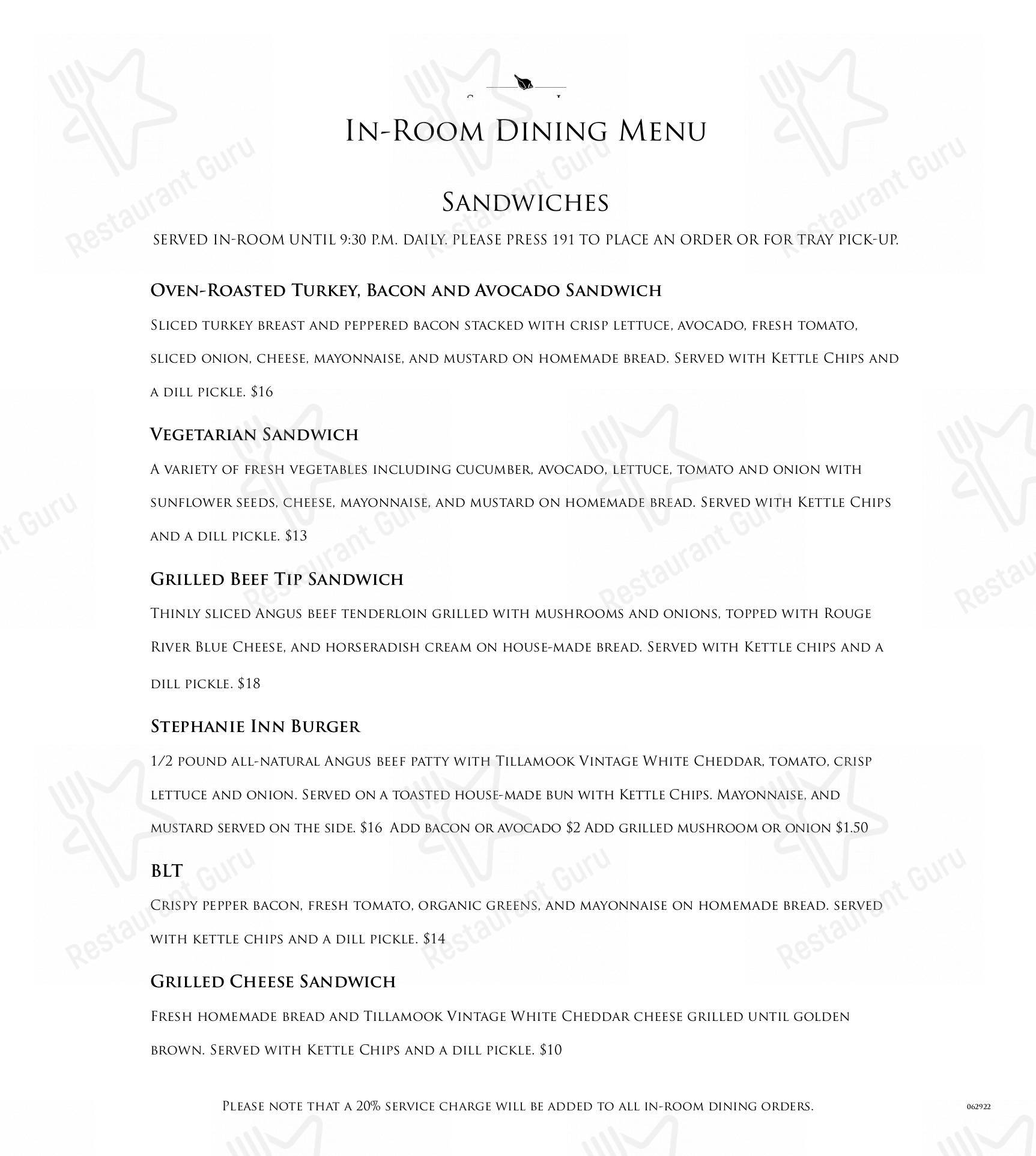 Menu at Stephanie Inn & Dining Room restaurant, Cannon Beach