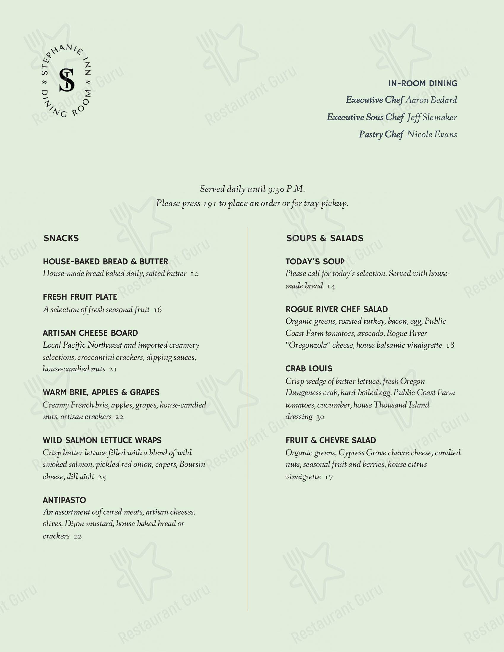 Menu at Stephanie Inn & Dining Room restaurant, Cannon Beach