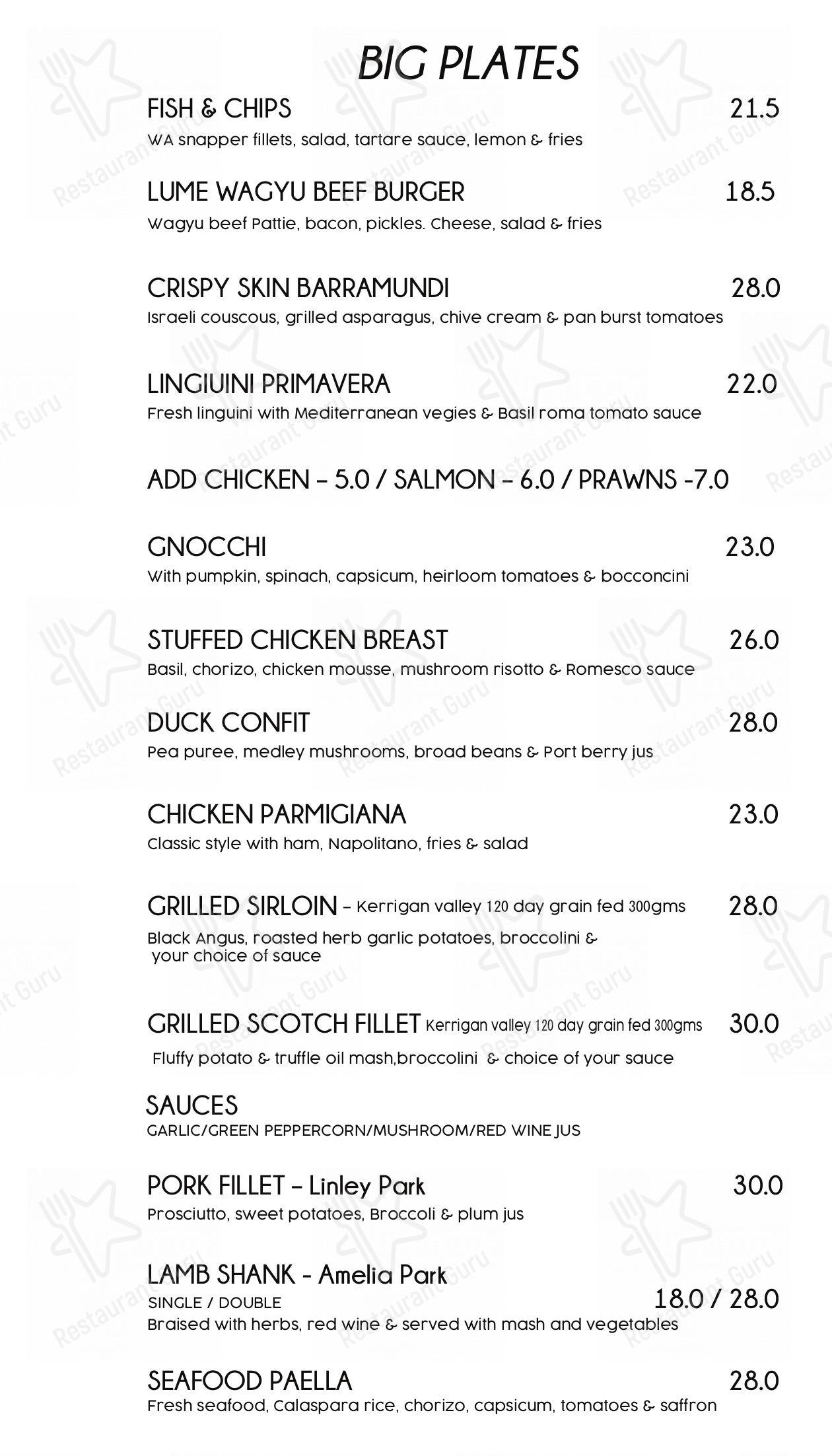 Menu at Lume Bar and Bistro, Northam
