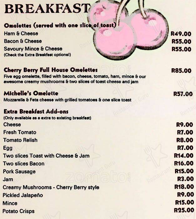 Menu at Cherry Berry cafe, Centurion