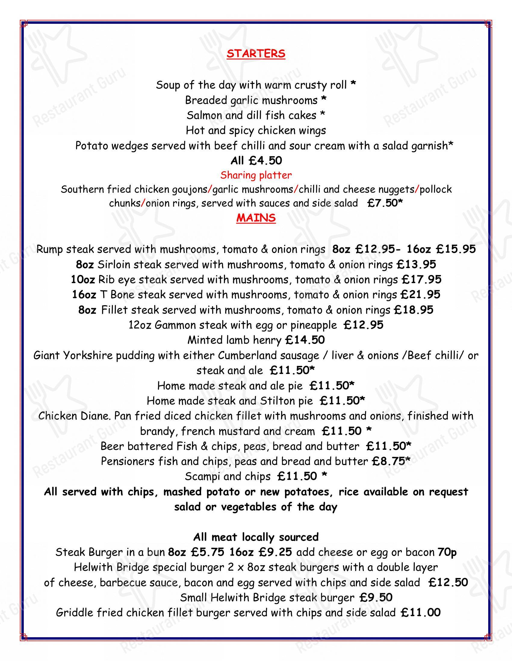 Menu at Helwith Bridge Inn pub & bar, Horton in Ribblesdale