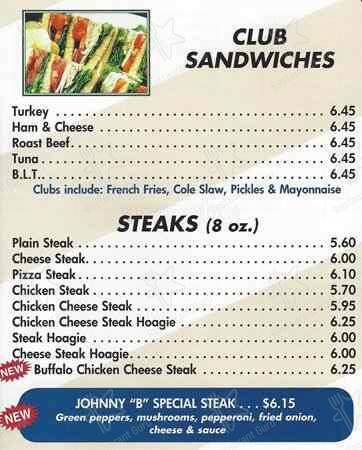 Menu at Johnny B's All American Pizza restaurant, Philadelphia