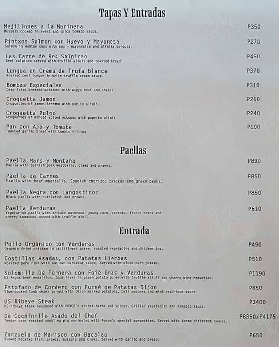 Menu at Ponce restaurant, Quezon City