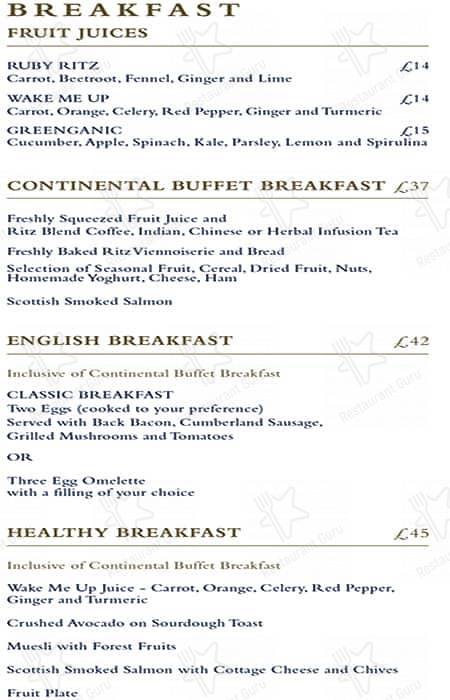 Menu at The Ritz Restaurant, London