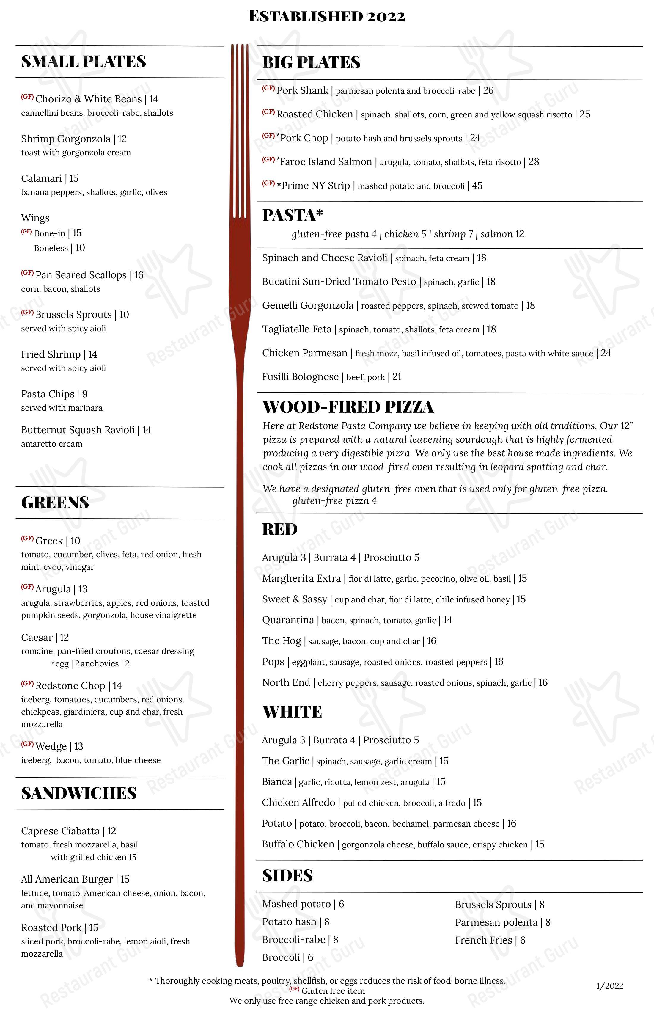 Menu at Redstone Pasta Company Inc. pub & bar, East Longmeadow