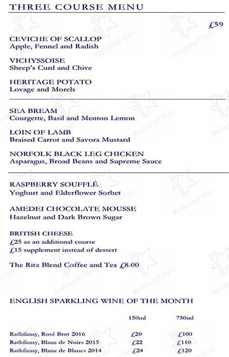 Menu at The Ritz Restaurant, London