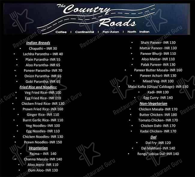 Menu at The Country Roads, Manipal