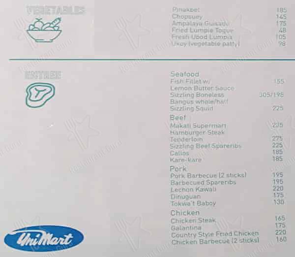 Menu at Unimart Coffee Shop restaurant, San Juan