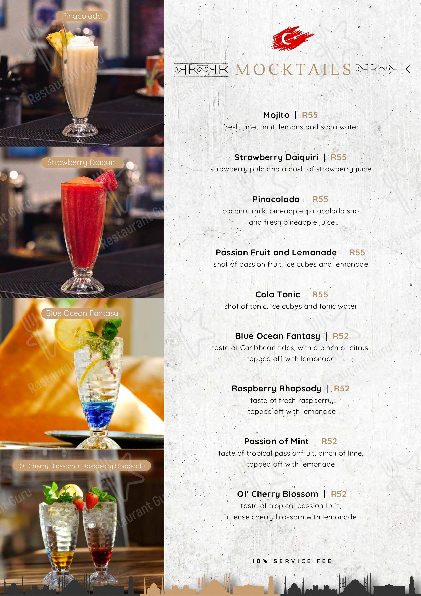 Menu at Ala Turkish restaurant, Cape Town