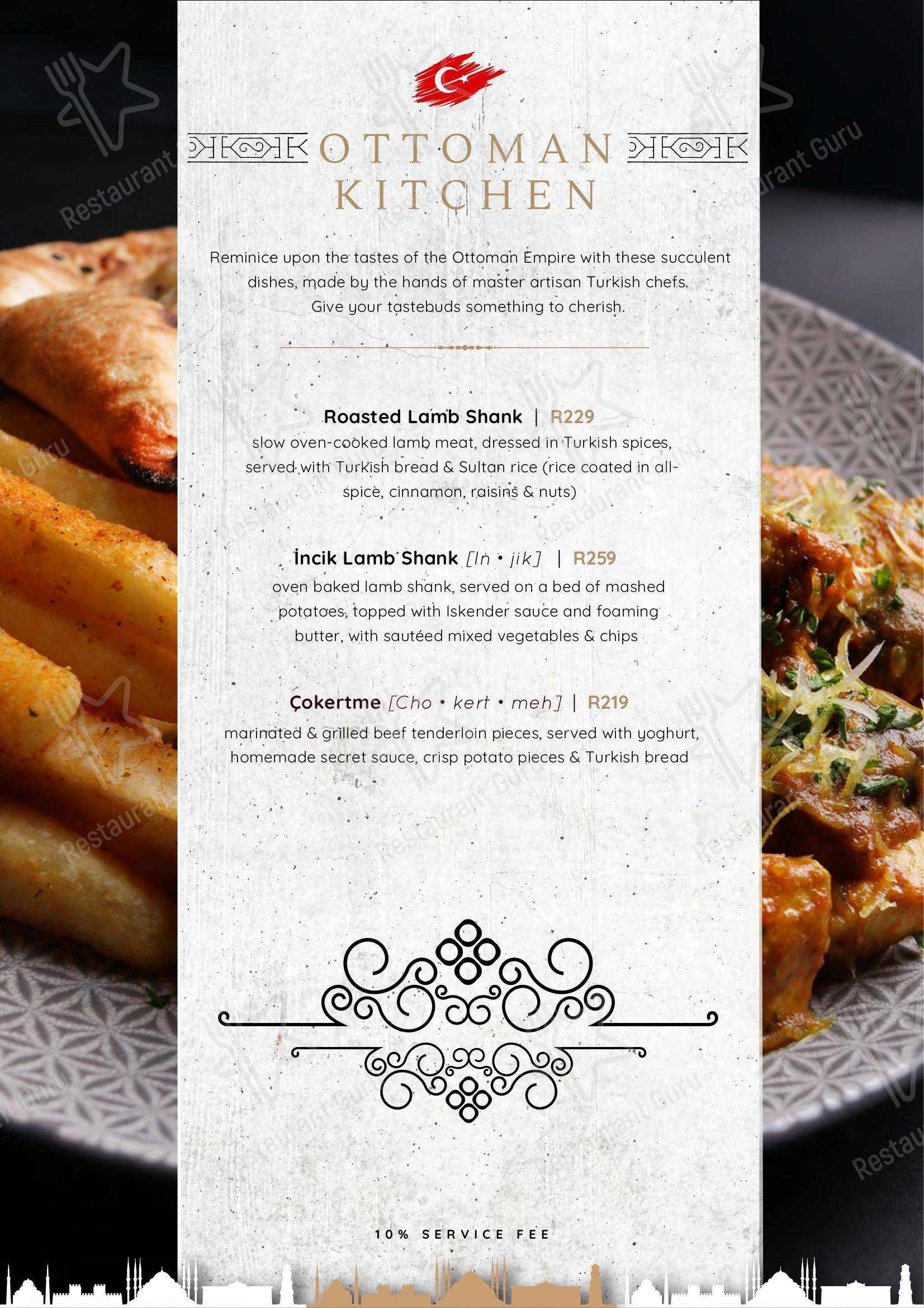 Menu at Ala Turkish restaurant, Cape Town