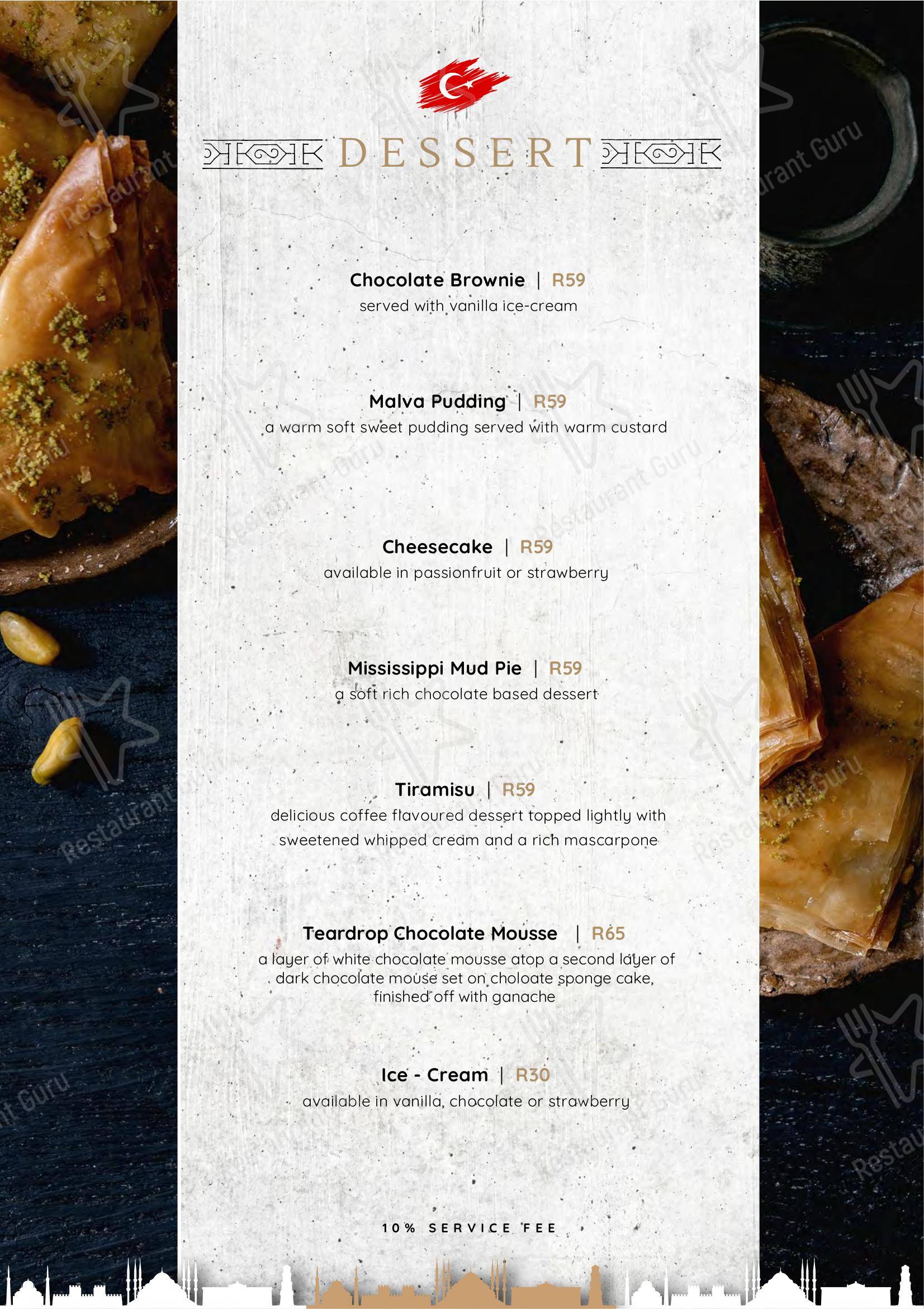 Menu at Ala Turkish restaurant, Cape Town