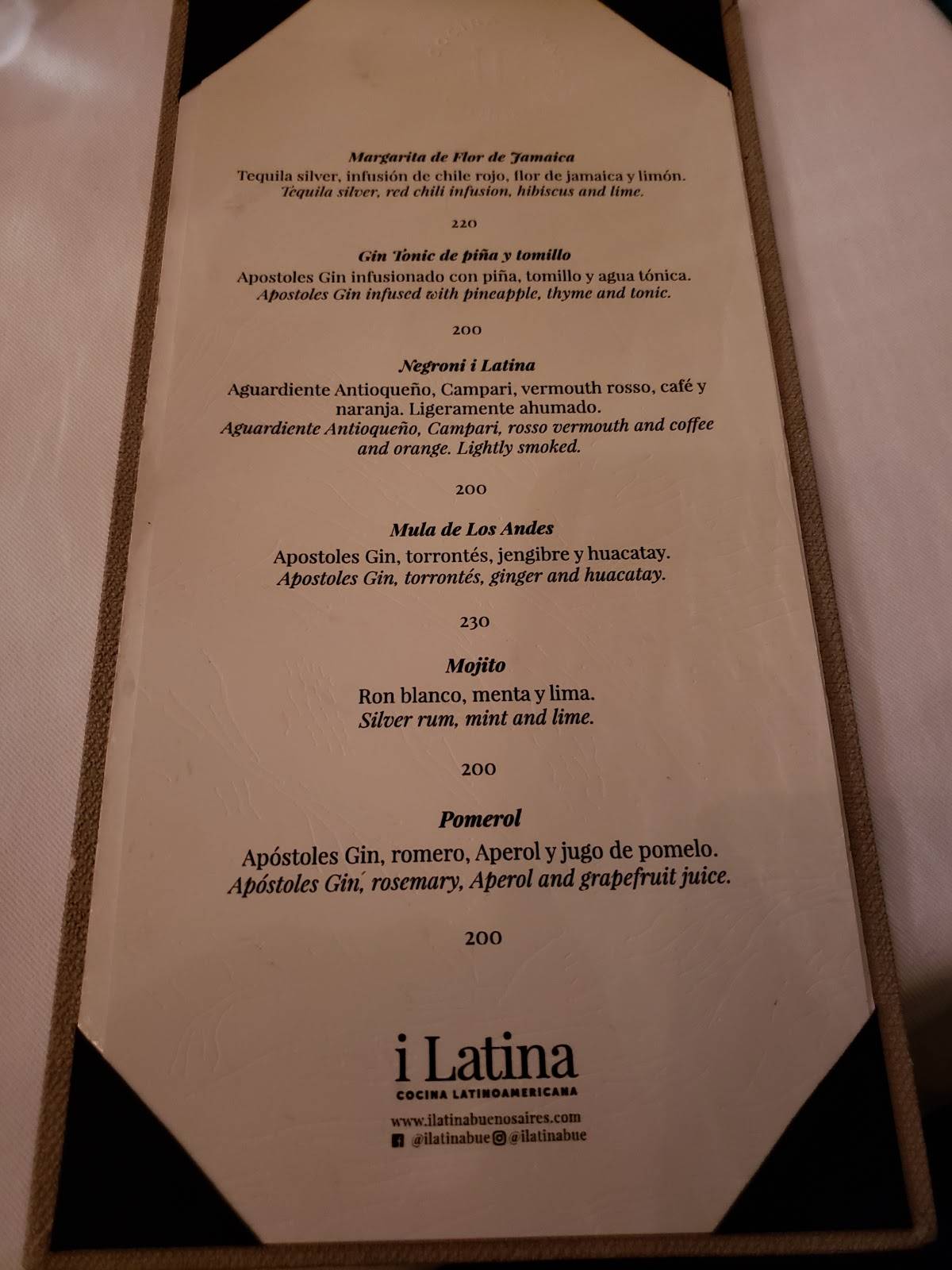 Menu at i Latina restaurant, Buenos Aires, Murillo 725