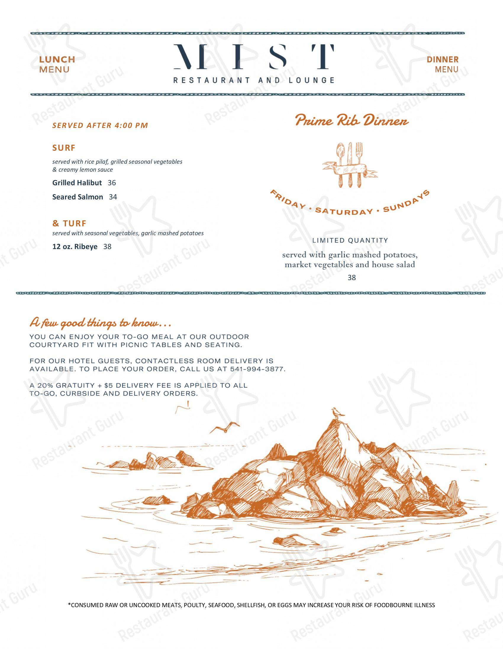 Menu at MIST Restaurant & Lounge, Lincoln City