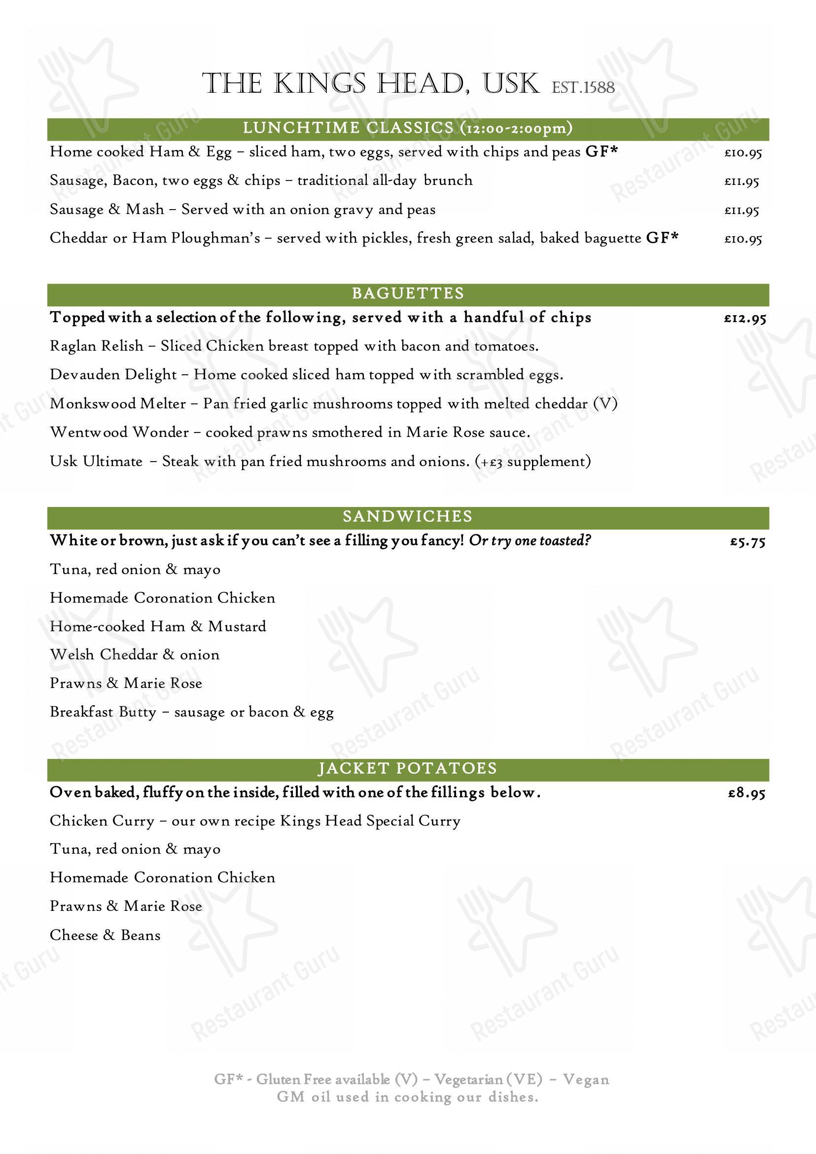 Menu at Kings Head Hotel pub & bar, Usk