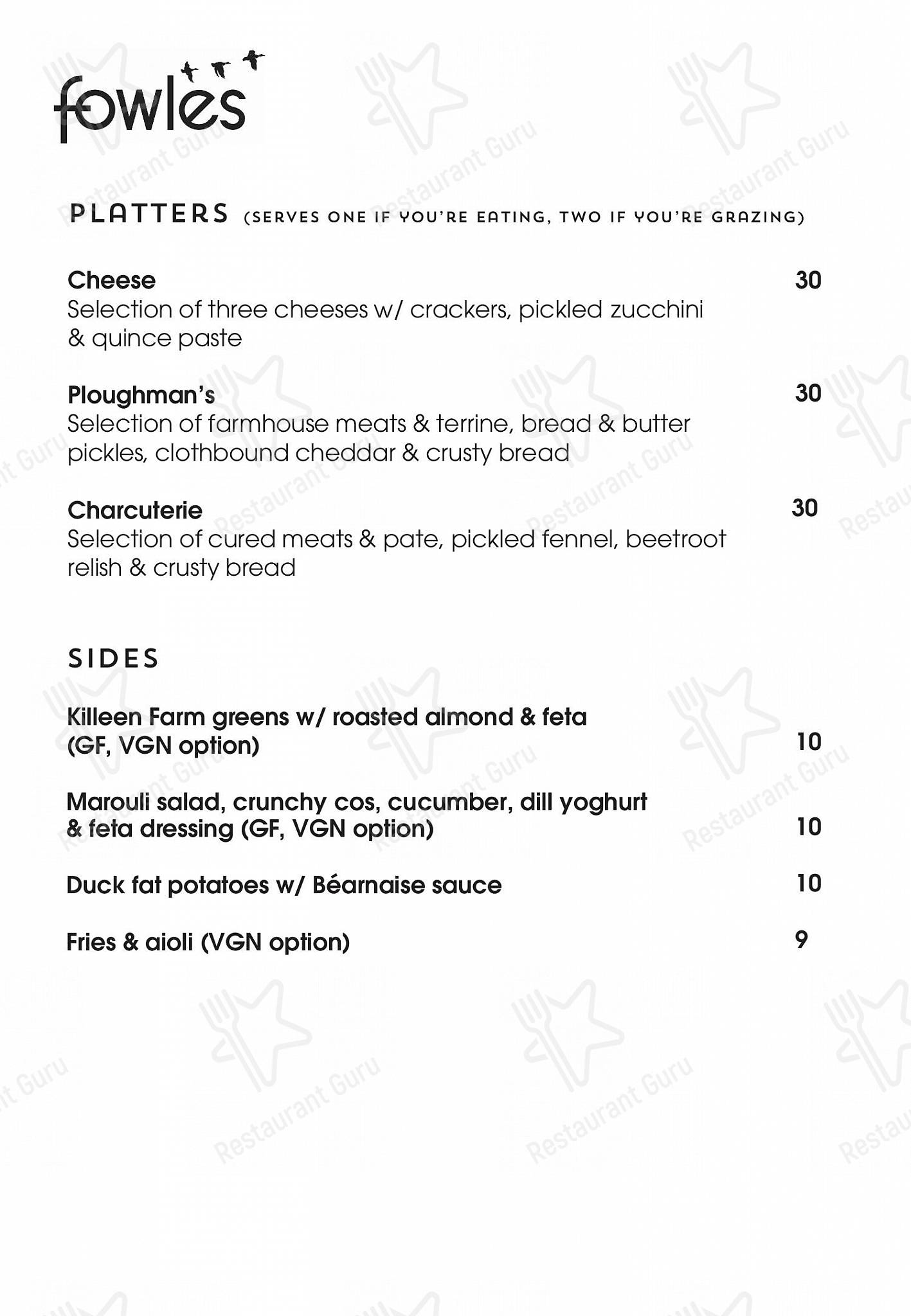 Menu at Fowles Wine cafe, Avenel