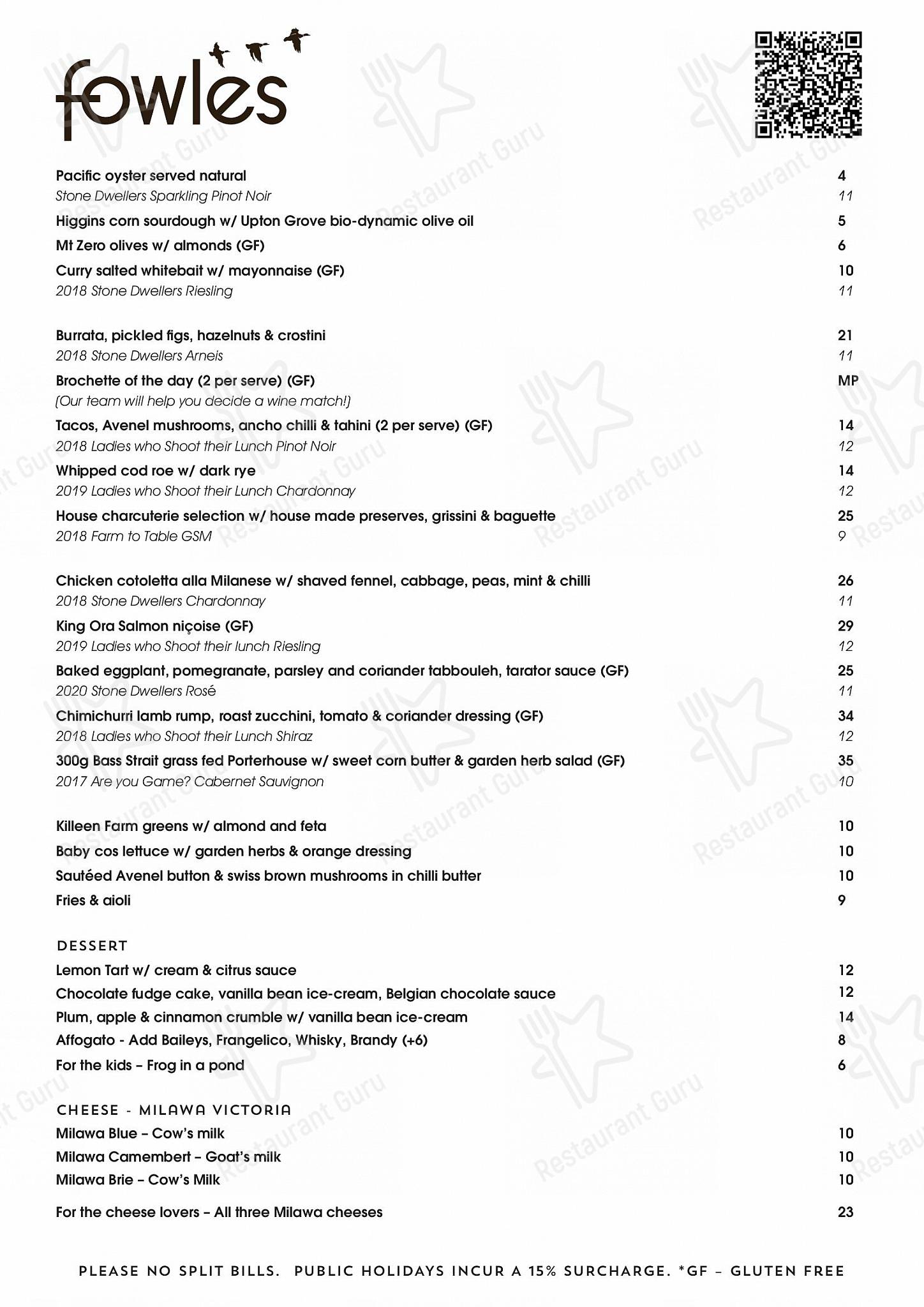 Menu at Fowles Wine cafe, Avenel