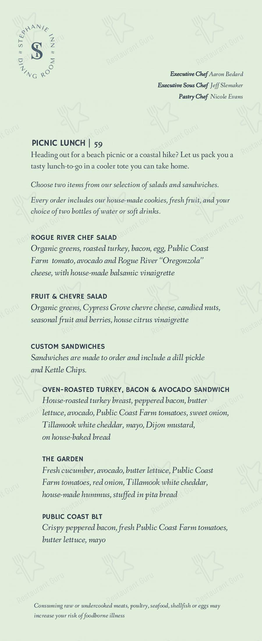 Menu at Stephanie Inn & Dining Room restaurant, Cannon Beach