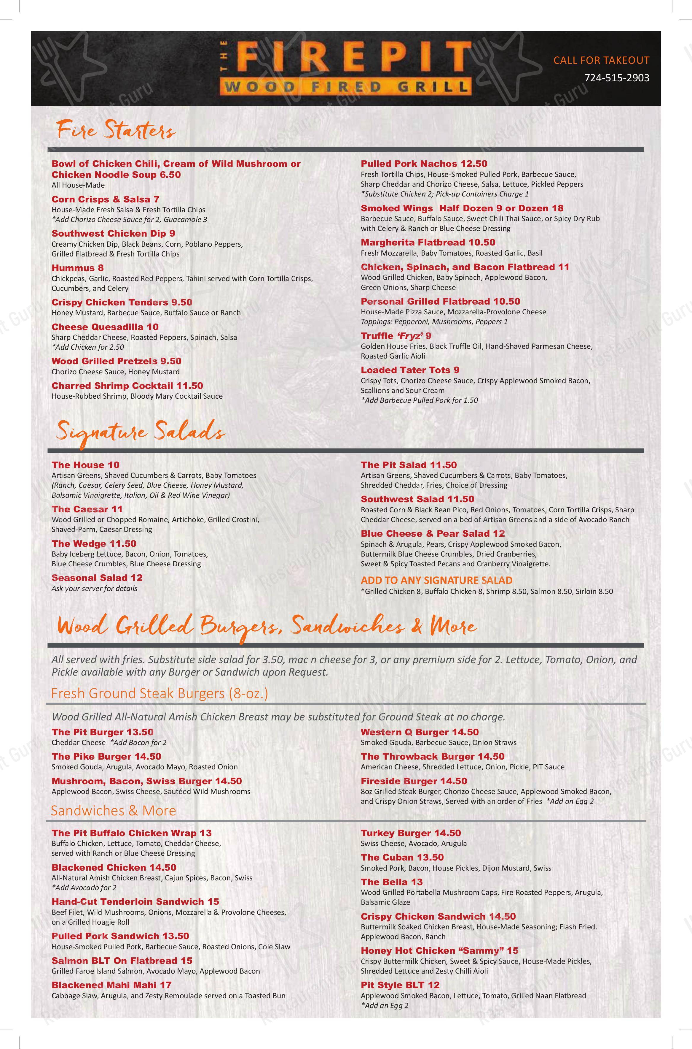 Menu at The Firepit Wood Fired Grill pub & bar, Irwin