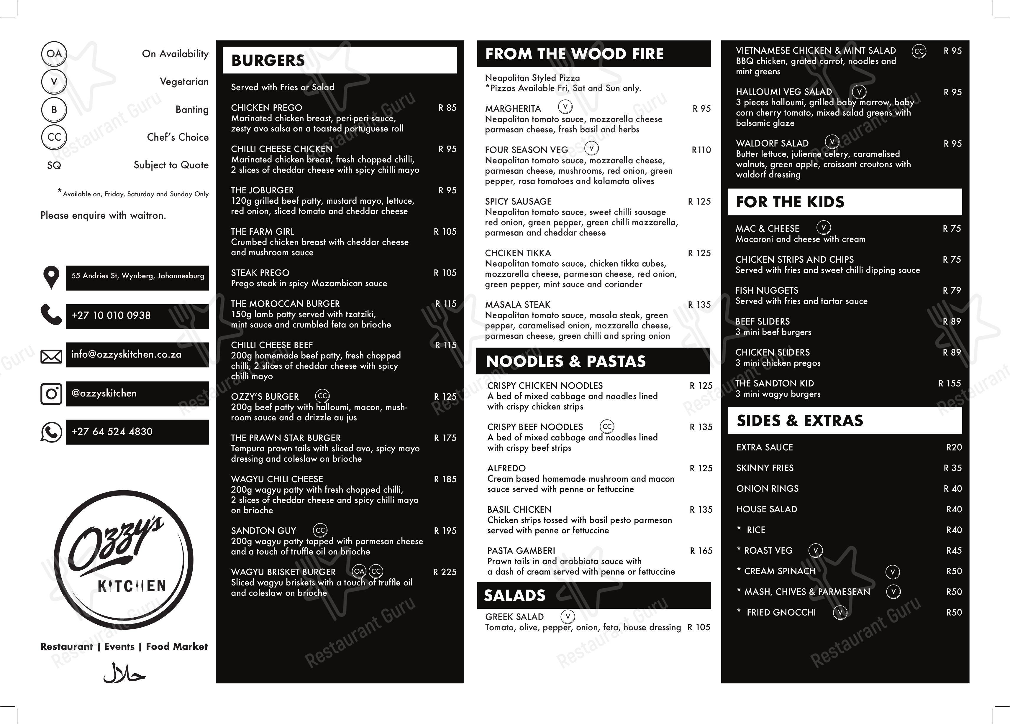 Menu at Ozzy's Kitchen restaurant, Sandton