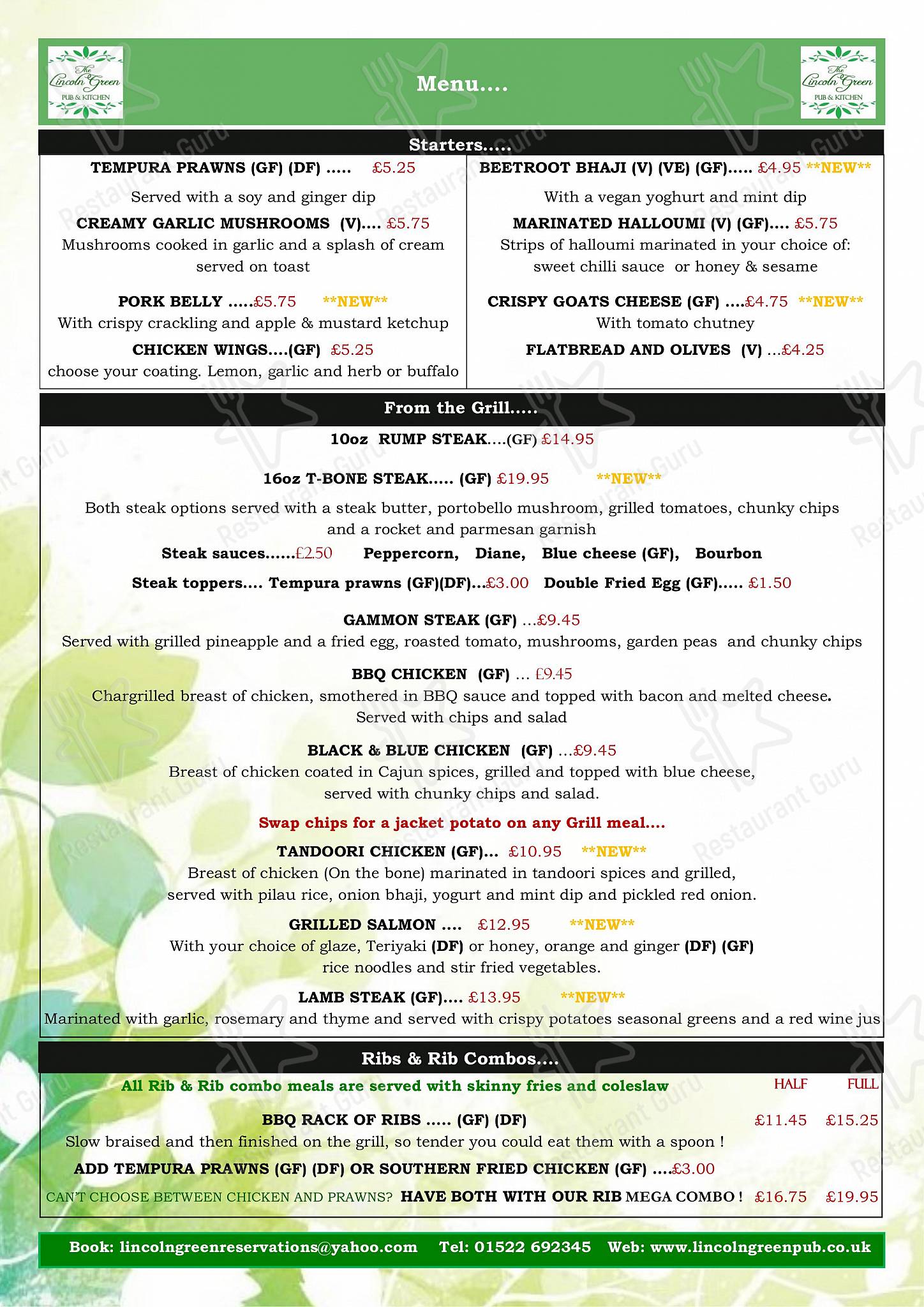 Menu at The Lincoln Green pub & bar, Lincoln