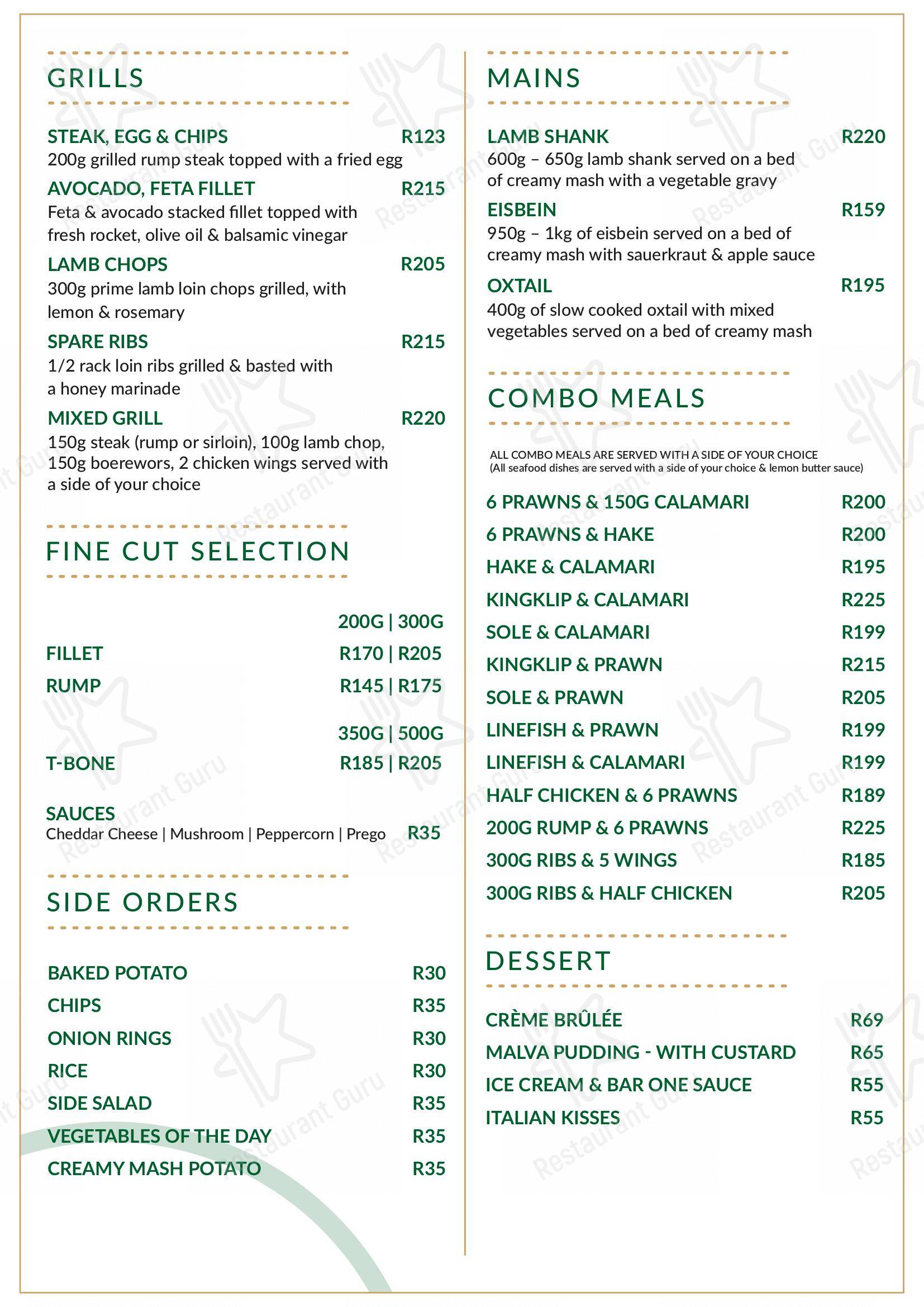 Menu at The Greens Grillhouse - Eye of Africa restaurant, Eikenhof