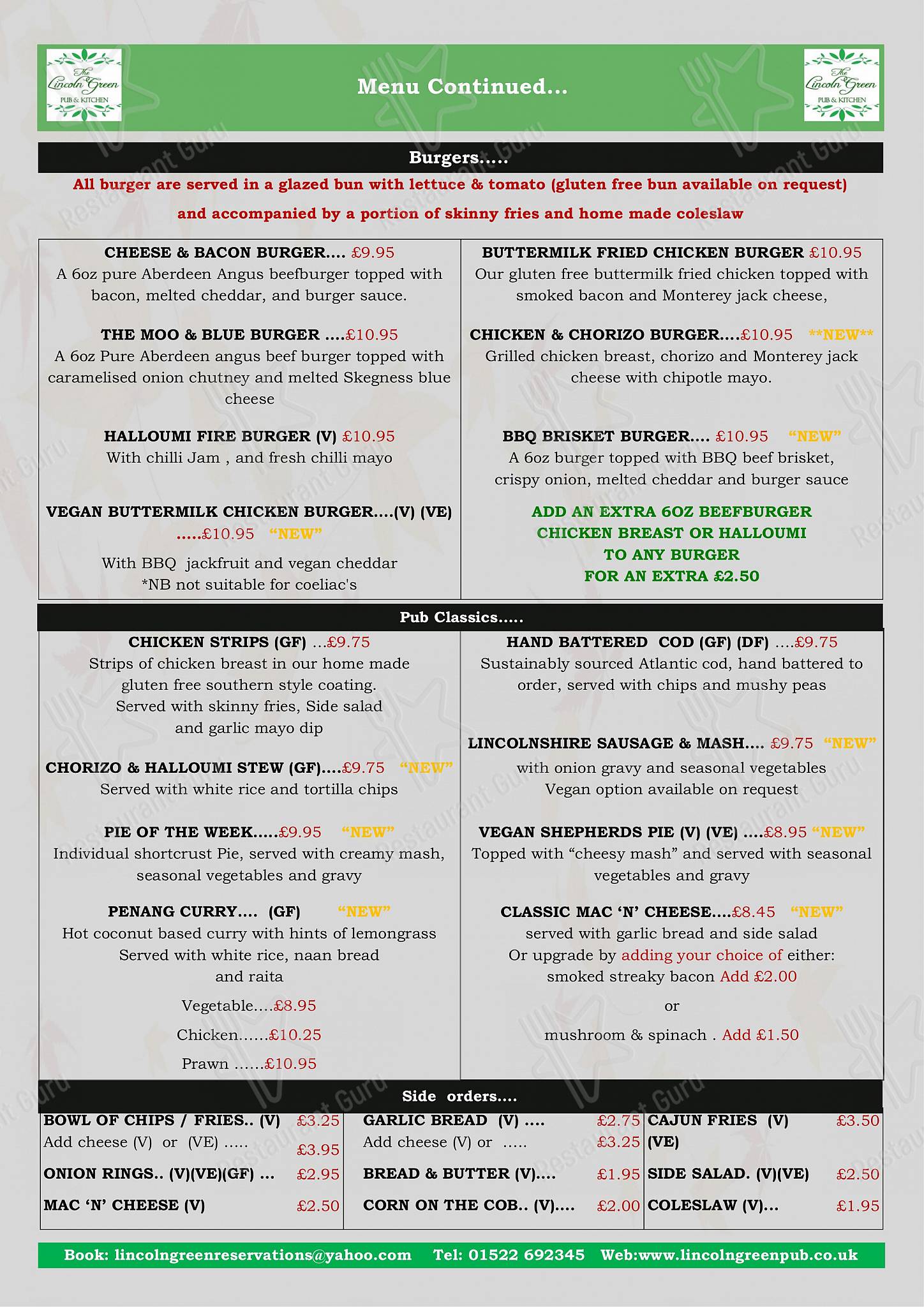 Menu at The Lincoln Green pub & bar, Lincoln