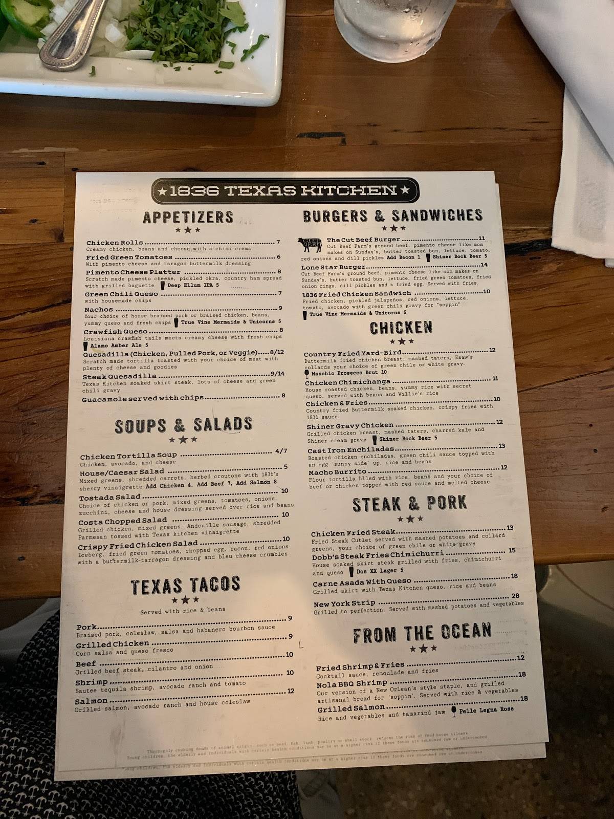 Menu at 1836 Texas Kitchen pub & bar, Tyler, Crow Rd