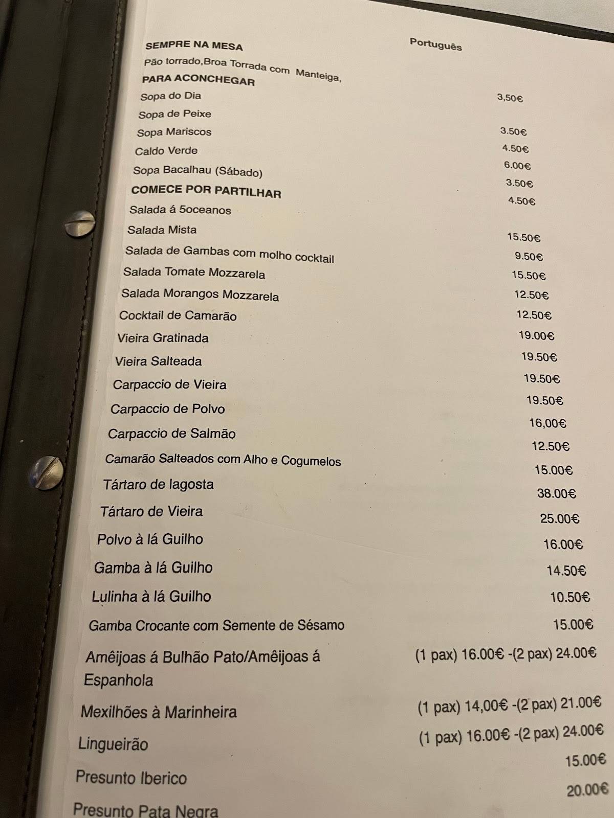 Menu at 5 Oceanos restaurant, Matosinhos