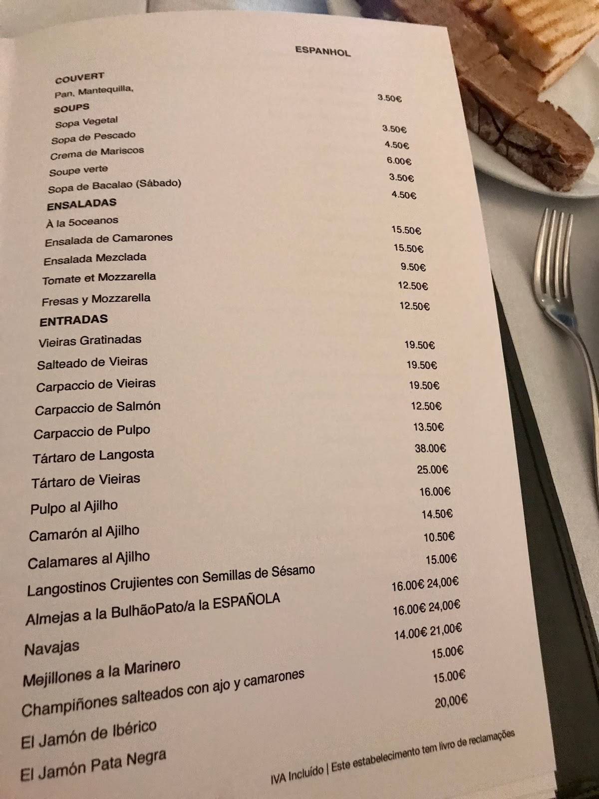 Menu at 5 Oceanos restaurant, Matosinhos