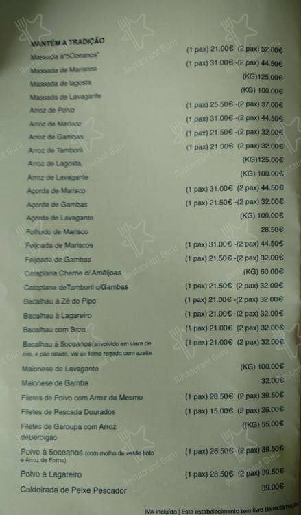 Menu at 5 Oceanos restaurant, Matosinhos