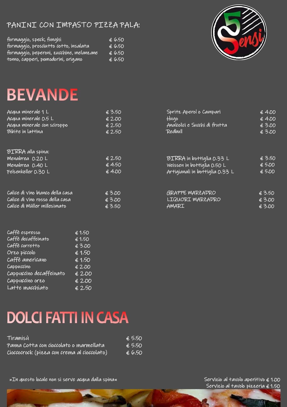 Menu at 5 sensi restaurant, Trento