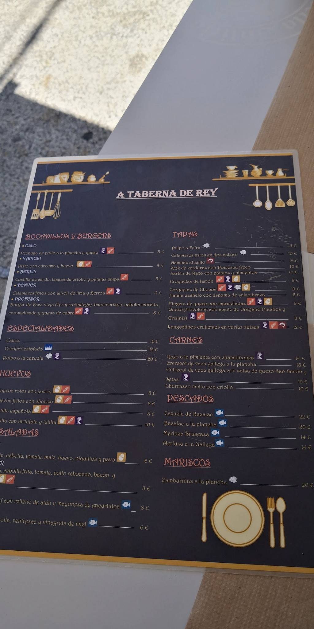 Carta del restaurante A Taberna del Rey, Barro, Lugar del contestar de