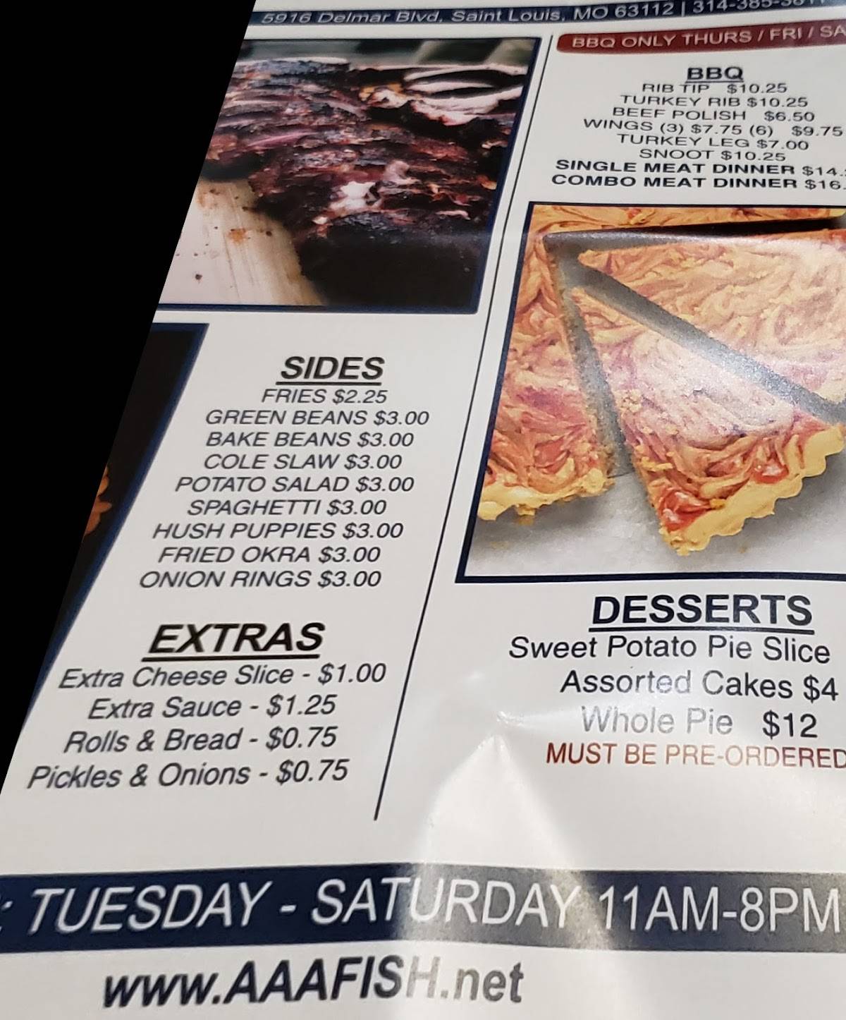 Menu at AAA Fish House restaurant, St. Louis, Delmar Blvd
