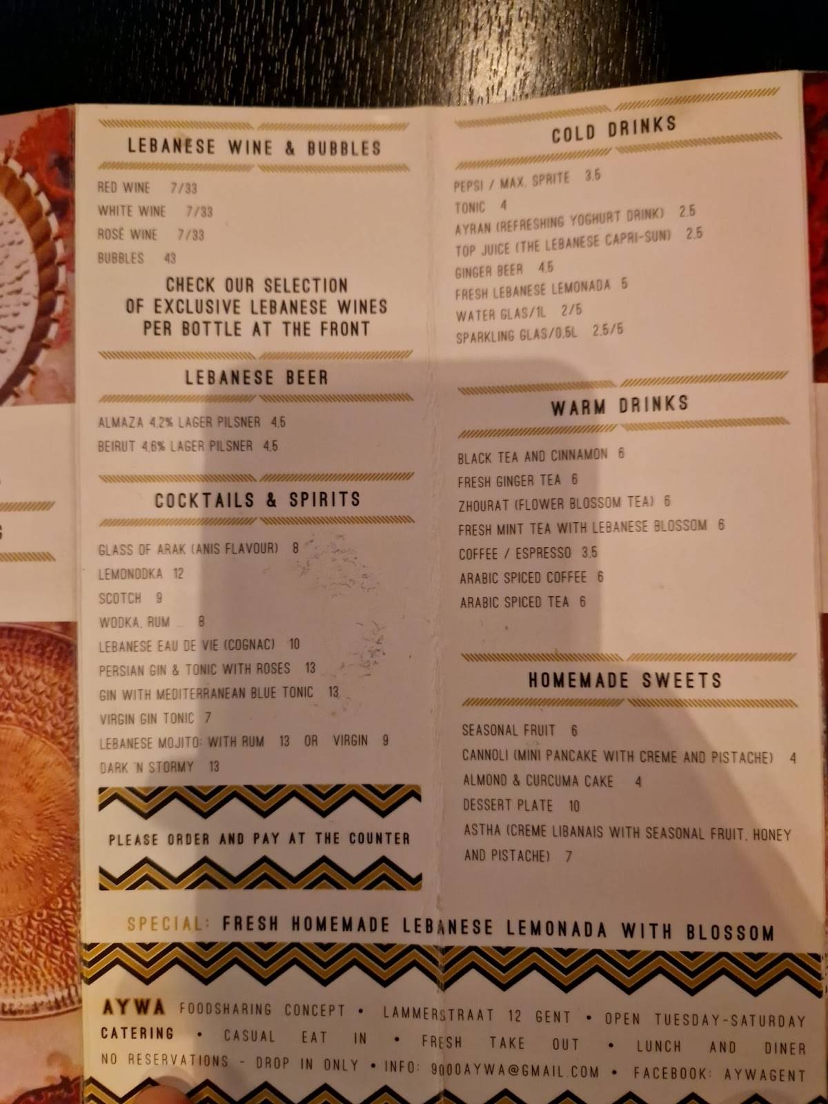 Menu at AYWA, Ghent