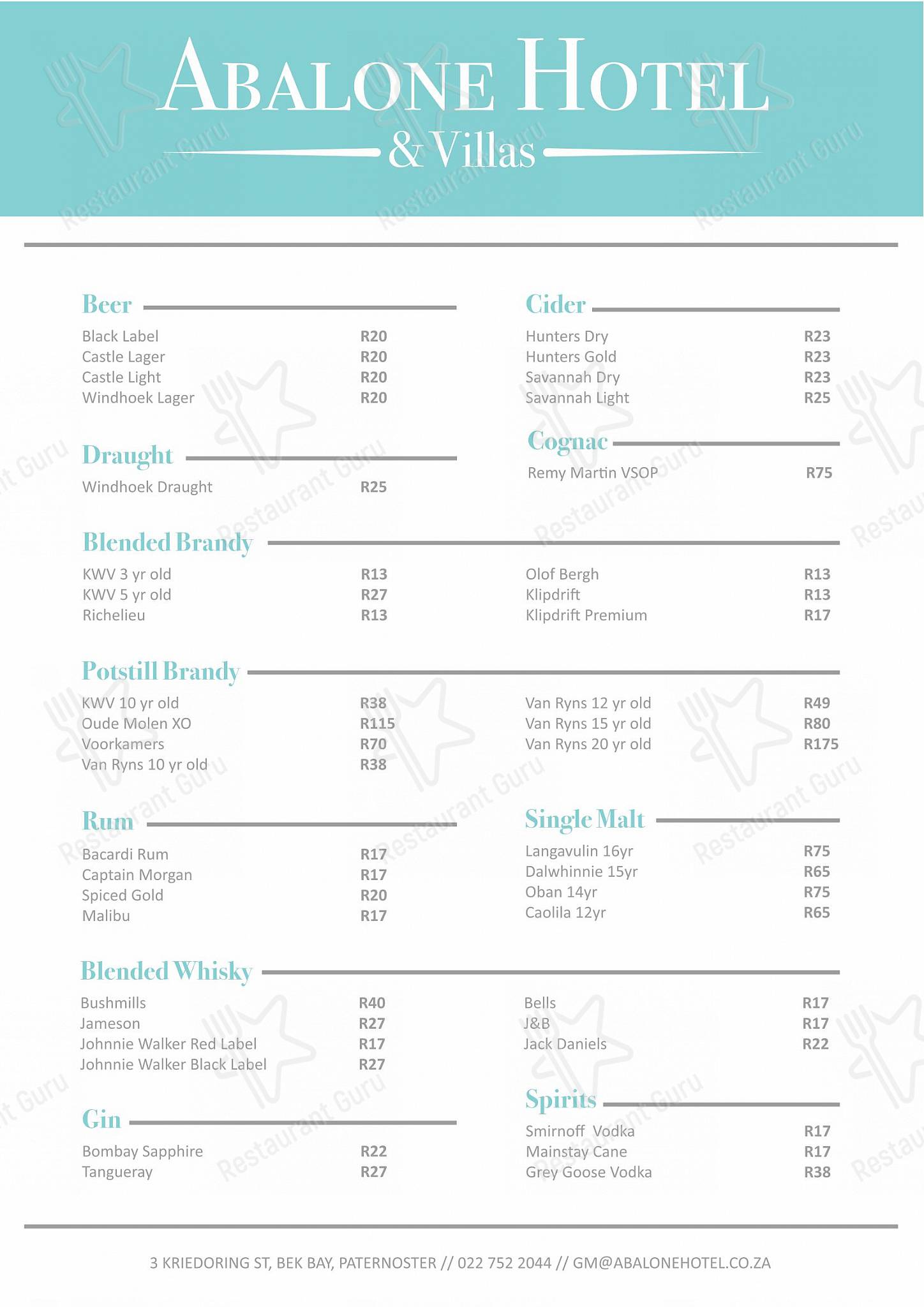 Menu at Abalone Hotel & Villas - Paternoster restaurant, Paternoster