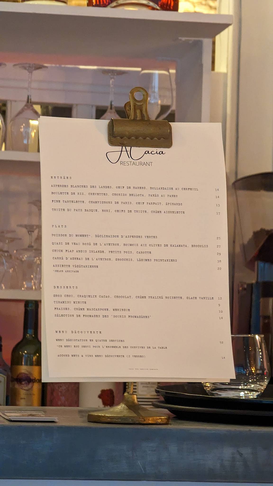 Menu at Acacia restaurant, Arcachon