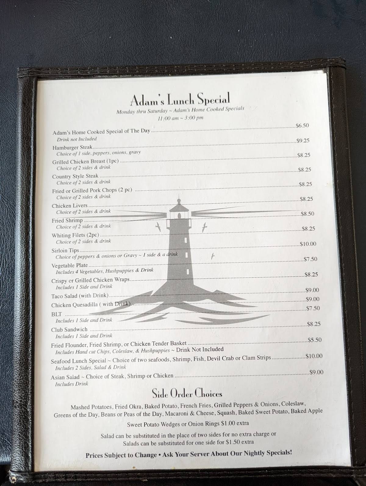 Menu at Adam's Seafood and Steaks steakhouse, Tabor City