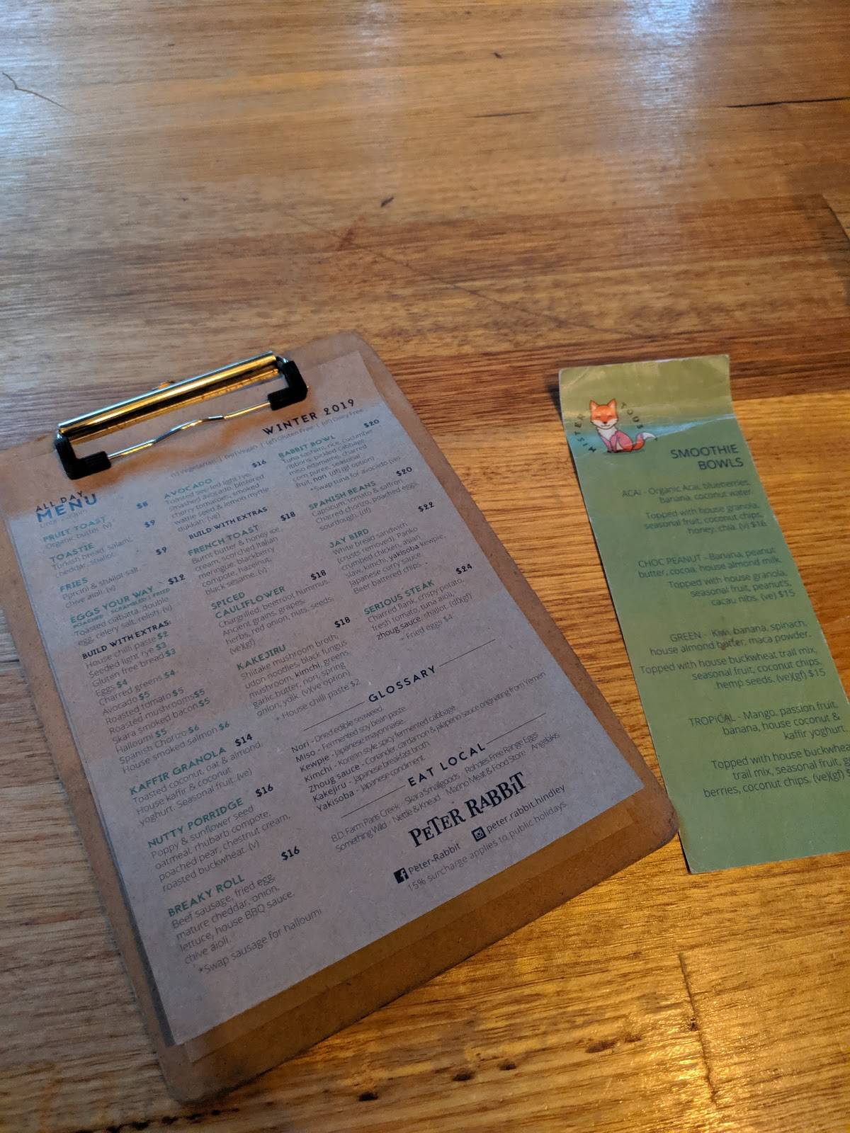 Menu at Peter Rabbit Cafe, Adelaide