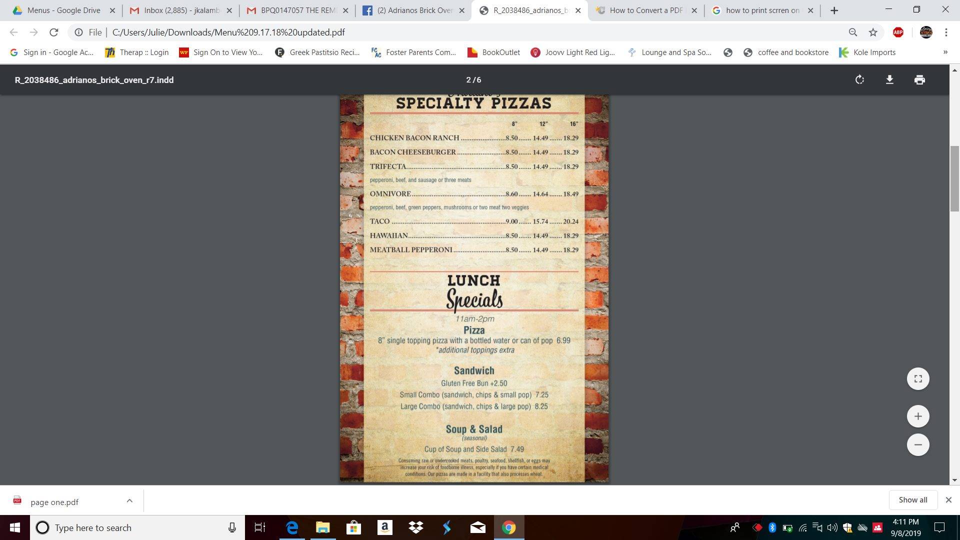 Menu at Adriano's Brick Oven pizzeria, Glenwood
