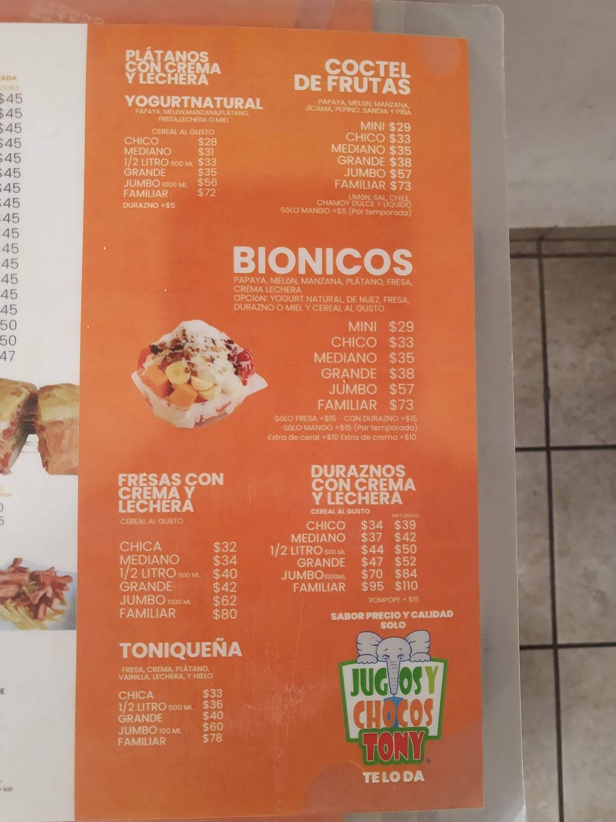 Carta del pub y bar Jugos y Chocos Tony, Aguascalientes, Av ...