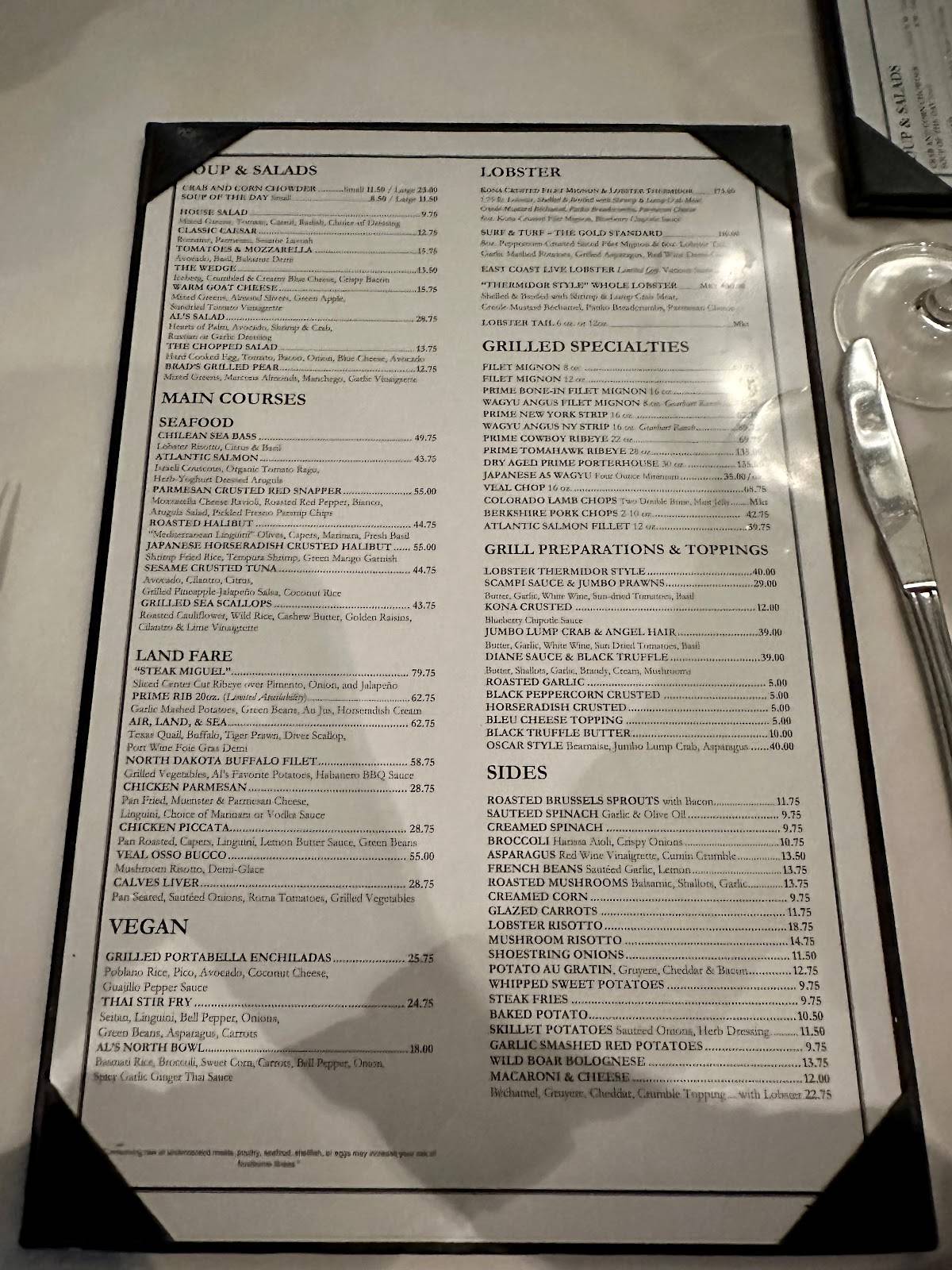 Menu at Al Biernat's North pub & bar, Dallas