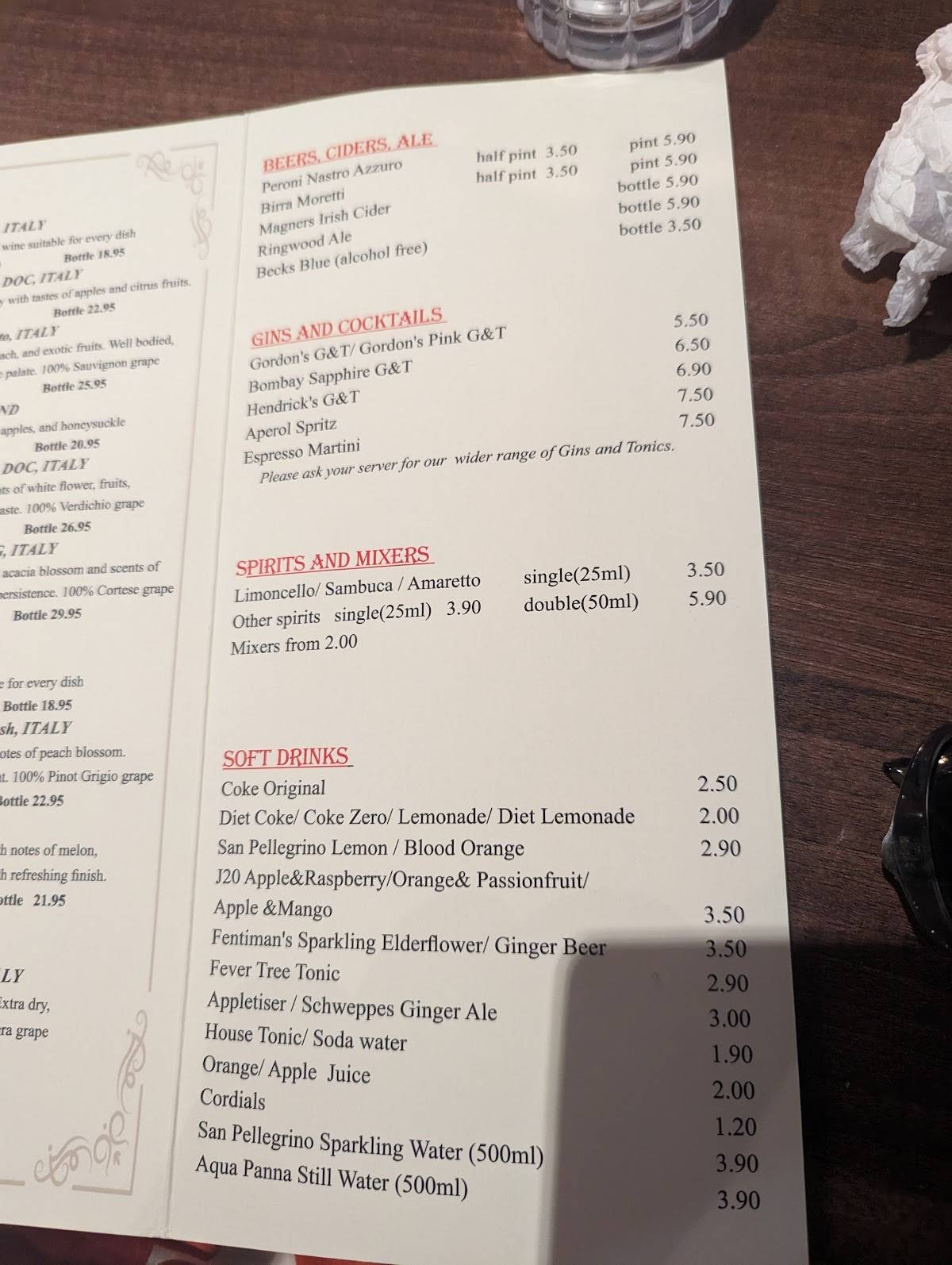 Menu at Al Trullo restaurant, Verwood