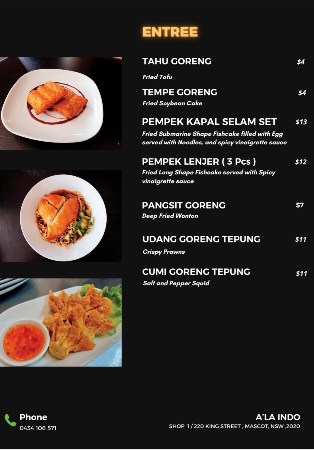 Menu at A'la Indo restaurant, Mascot