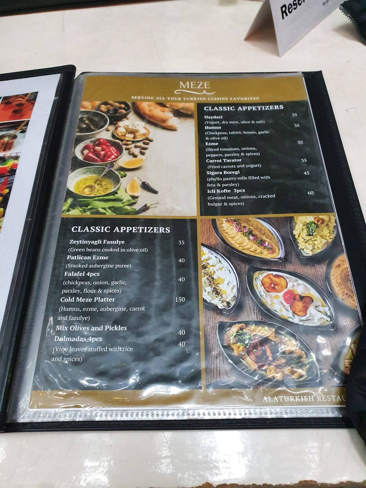 Menu at Ala Turkish restaurant, Cape Town