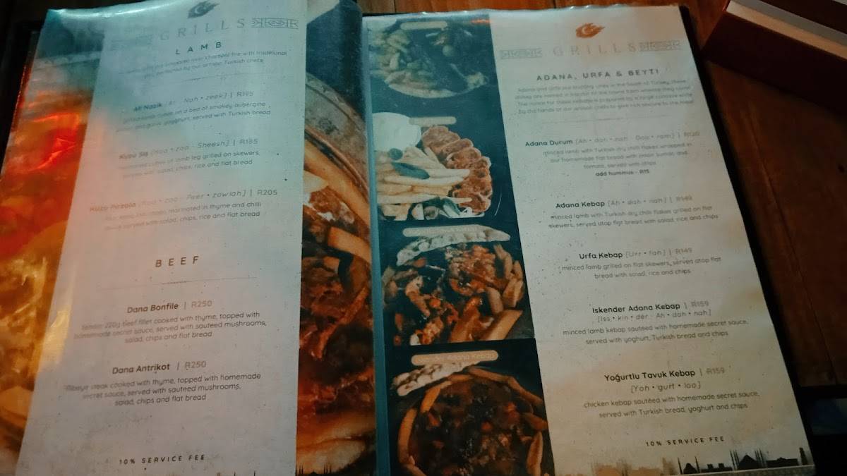 Menu at Ala Turkish restaurant, Cape Town