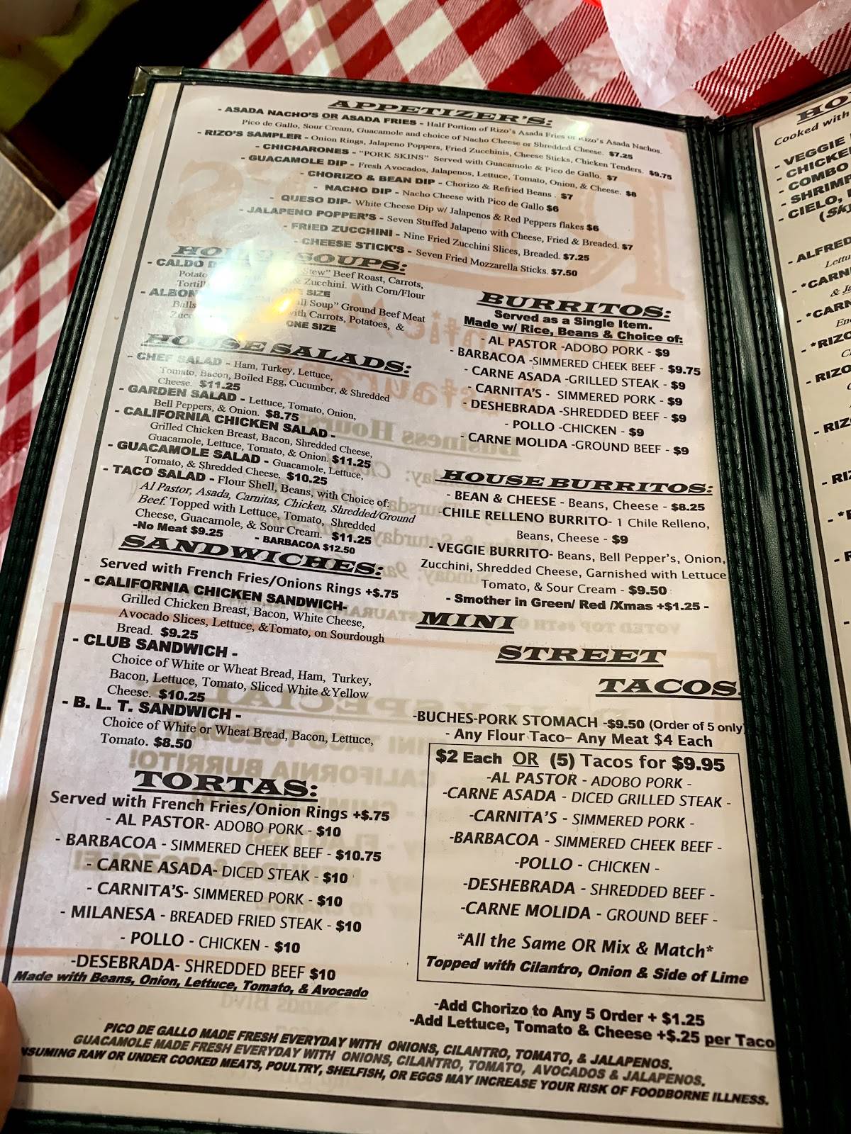 Menu at Rizo's Restaurant, Alamogordo