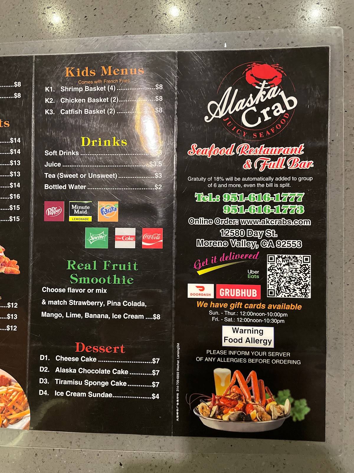 Menu at Alaska Crab pub & bar, Moreno Valley