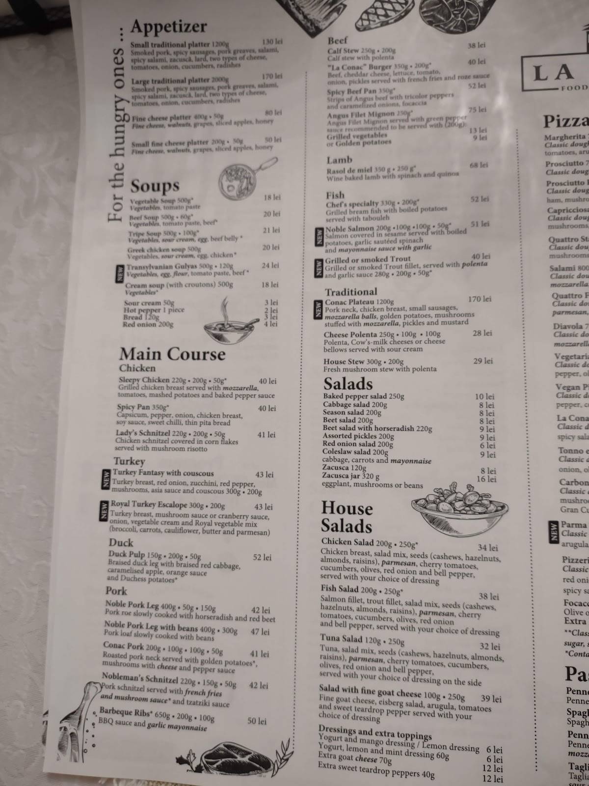 Menu at La Conac, Alba Iulia